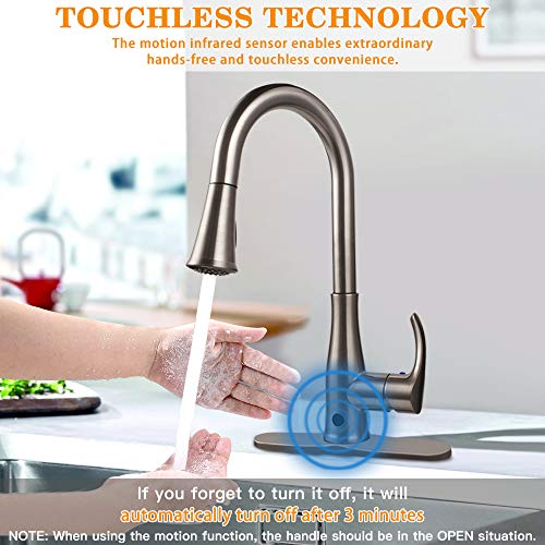 Touchless Kitchen Faucet, Kitchen Sink Faucet with Pull Down Sprayer, Dual Function Pull Out Spray Head, One Hole and 3 Hole Deck Mount, Single Handle for Automatic Motion Sensor, Brushed Nickel