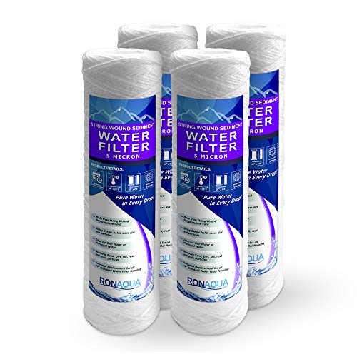 Ronaqua Wound String 5 Micron Sediment Water Filter Cartridges 10 Inc. x 2.5 Inc. A Replacement for Any RO System WELL-MATCHED with PFC4002, RS2-DS, WP5, WFPFC4002, 43235-76350 (4 Pack)