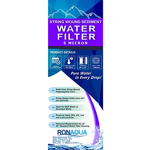 Ronaqua Wound String 5 Micron Sediment Water Filter Cartridges 10 Inc. x 2.5 Inc. A Replacement for Any RO System WELL-MATCHED with PFC4002, RS2-DS, WP5, WFPFC4002, 43235-76350 (4 Pack)