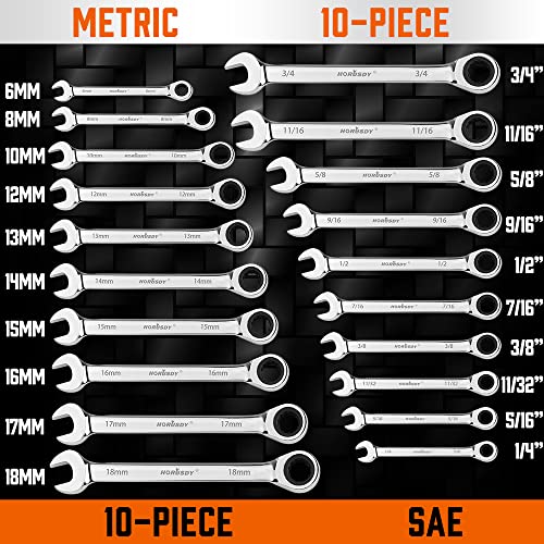 HORUSDY Ratcheting Combination Wrench Set, SAE & Metric, 20-piece, 1/4" to 3/4" & 6-18mm, CR-V Steel, with Carrying Case