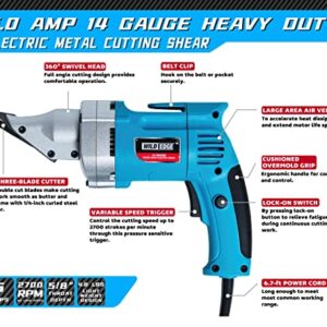 Wild Edge Electric Metal Shear, 14 Gauge 5.0 Amp Variable Speed Swivel Head Heavy Duty Sheet Metal Cutter