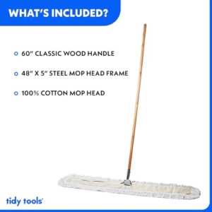 Tidy Tools Commercial Dust Mop & Floor Sweeper, 48 in. Dust Mop for Hardwood Floors, Cotton Reusable Dust Mop Head, Wooden Broom Handle, Industrial Dry Mop for Floor Cleaning & Janitorial Supplies