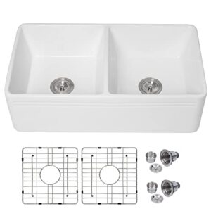 33 white double bowl kitchen sink - lordear 33 inch farmhouse kitchen sink double bowl 50/50 white fireclay ceramic porcelain apron front farm double basin 50/50 farmer kitchen sink basin