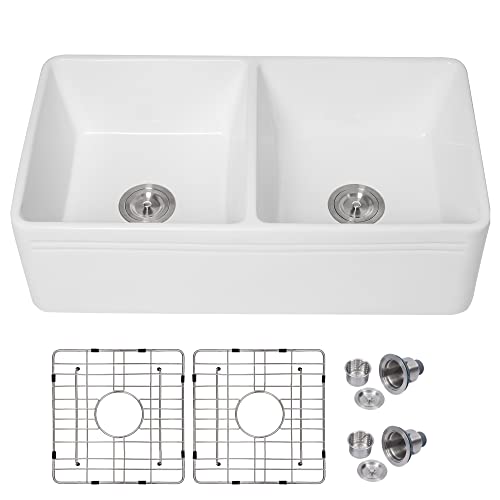 33 White Double Bowl Kitchen Sink - Lordear 33 Inch Farmhouse Kitchen Sink Double Bowl 50/50 White Fireclay Ceramic Porcelain Apron Front Farm Double Basin 50/50 Farmer Kitchen Sink Basin