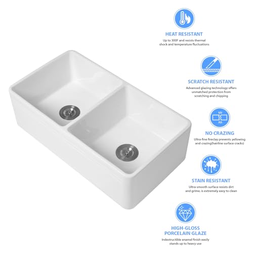 33 White Double Bowl Kitchen Sink - Lordear 33 Inch Farmhouse Kitchen Sink Double Bowl 50/50 White Fireclay Ceramic Porcelain Apron Front Farm Double Basin 50/50 Farmer Kitchen Sink Basin