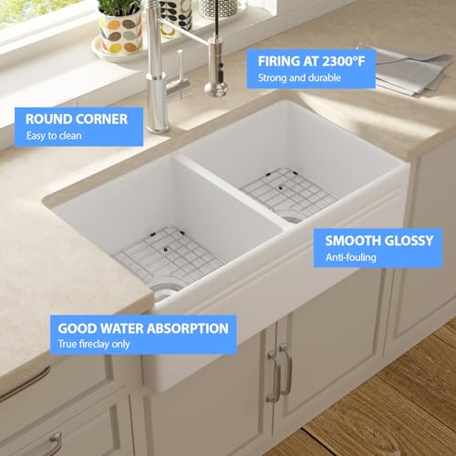 33 White Double Bowl Kitchen Sink - Lordear 33 Inch Farmhouse Kitchen Sink Double Bowl 50/50 White Fireclay Ceramic Porcelain Apron Front Farm Double Basin 50/50 Farmer Kitchen Sink Basin