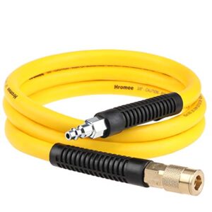 hromee hybrid lead-in air hose 3/8 inch x 6ft with 1/4"npt quick coupler and plug 300psi yellow whip compressor hose short