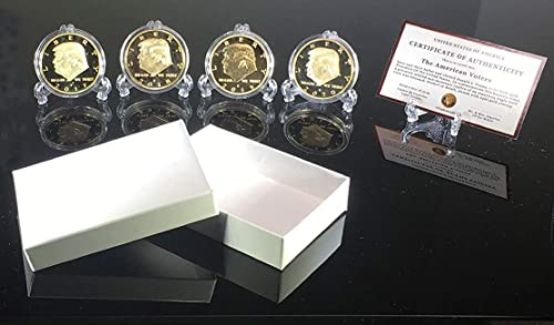 Donald Trump 1st Term 4 Coin Gift Box Set 2017, 18, 19, 20, Clear Stand, 24kt Gold Plated Replica Medallion, Cert. of Auth. (1st Term Clear4)