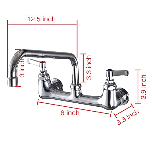 CWM Wall Mount Kitchen Faucet 8" Center Commercial Faucets with 12 Inch Swivel Spout