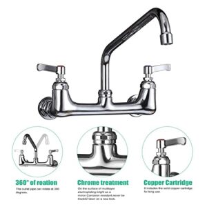 CWM Wall Mount Kitchen Faucet 8" Center Commercial Faucets with 12 Inch Swivel Spout