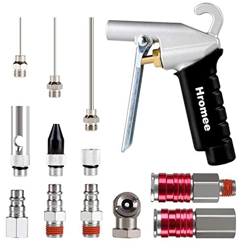 Hromee High Flow Air Blow Gun Kit with Nozzles Tips and Extensions, 13 Pieces Air Compressor Accessory Tools with 1/4" NPT V-Type Aluminum Couplers and Plugs