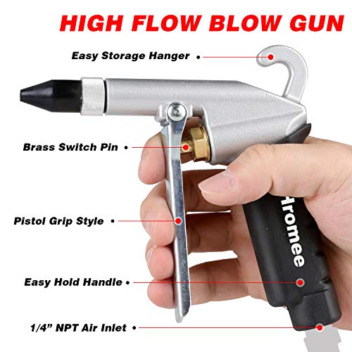 Hromee High Flow Air Blow Gun Kit with Nozzles Tips and Extensions, 13 Pieces Air Compressor Accessory Tools with 1/4" NPT V-Type Aluminum Couplers and Plugs