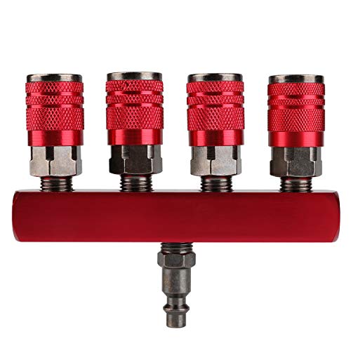 Hromee 4-Way Straight Air Manifold 5 Ports Aluminum Industrial Pneumatic Air Compressor Quick Connect Socket In Line Type Air Hose Splitter with 4 Couplers and 1/4" Male NPT Plug