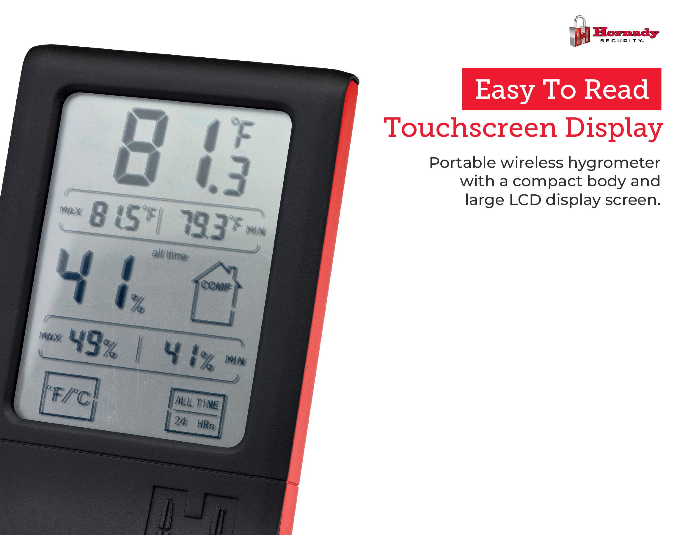 Hornady Digital Hygrometer, 95909 - Indoor Temperature and Humidity Monitor with Touchscreen LCD Display - Ideal Room Thermometer Hygrometer for Gun Safes & Cabinets, Closets, Workbench & More