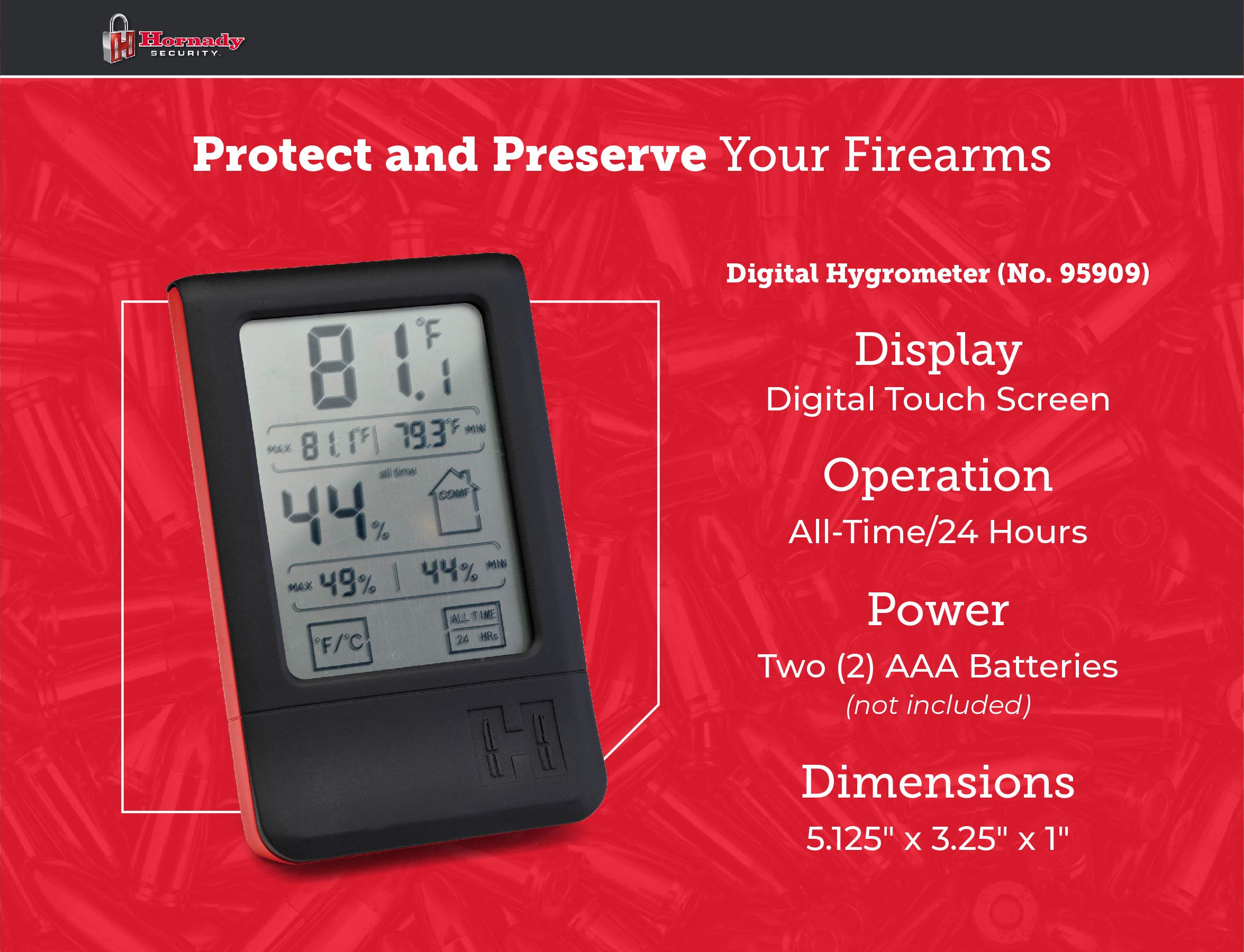 Hornady Digital Hygrometer, 95909 - Indoor Temperature and Humidity Monitor with Touchscreen LCD Display - Ideal Room Thermometer Hygrometer for Gun Safes & Cabinets, Closets, Workbench & More