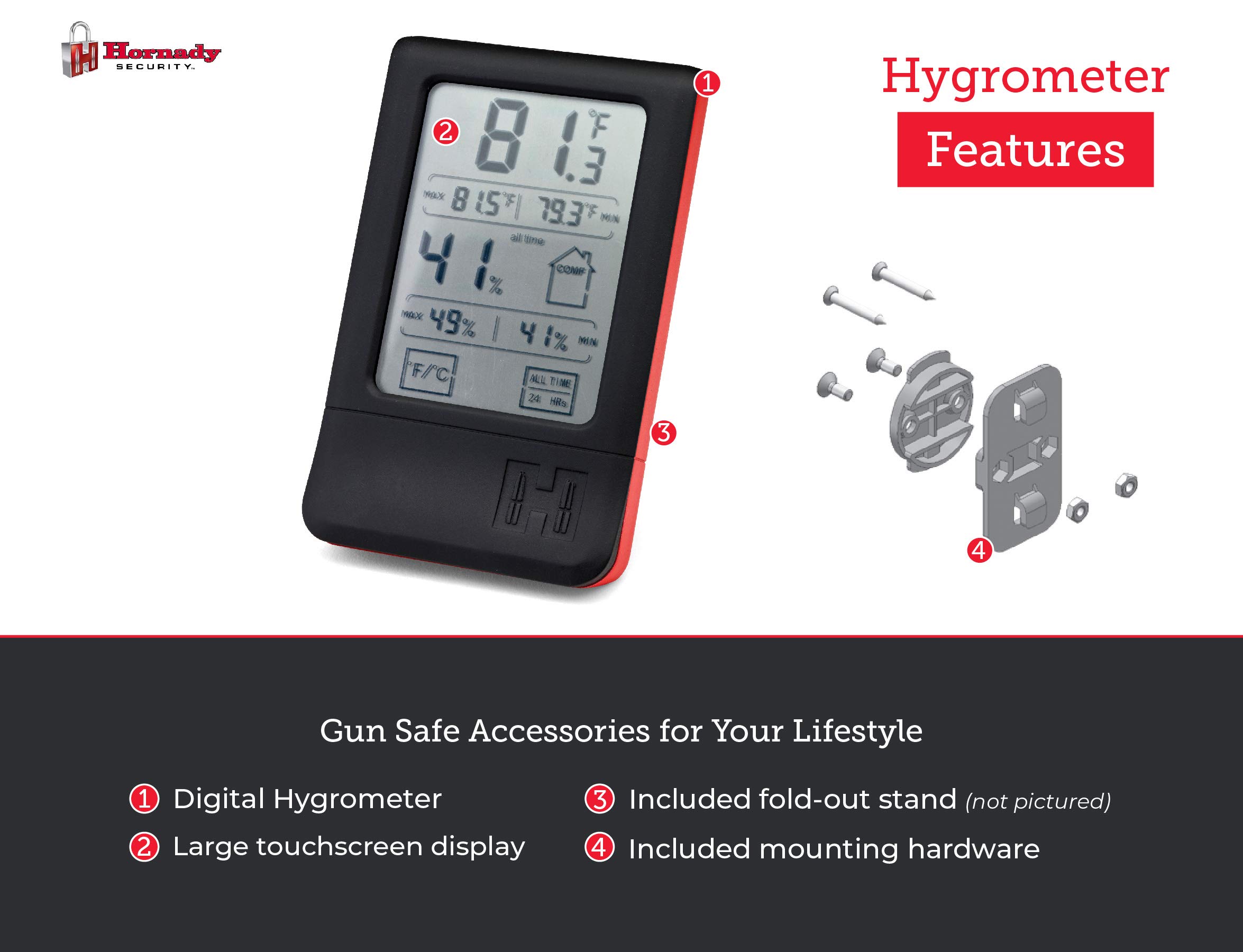 Hornady Digital Hygrometer, 95909 - Indoor Temperature and Humidity Monitor with Touchscreen LCD Display - Ideal Room Thermometer Hygrometer for Gun Safes & Cabinets, Closets, Workbench & More