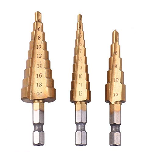 Tameco 3Pcs Hss Steel Titanium Step Drill Bits 3-12/4-12/4-20mm Step Cone Cutting Tools Steel Woodworking Wood Metal Drilling Set