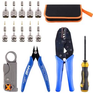 glarks coaxial cable tool set, coax rf connector crimping tool + coaxial cable stripper + bnc/uhf crimp male connectors + wire cutter + screw driver for rg58, rg59, rg62, rg174