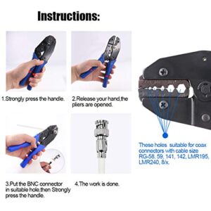 Glarks Coaxial Cable Tool Set, Coax RF Connector Crimping Tool + Coaxial Cable Stripper + BNC/UHF Crimp Male Connectors + Wire Cutter + Screw Driver for RG58, RG59, RG62, RG174