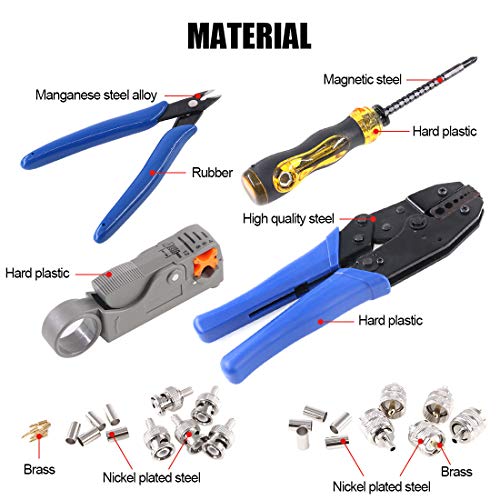 Glarks Coaxial Cable Tool Set, Coax RF Connector Crimping Tool + Coaxial Cable Stripper + BNC/UHF Crimp Male Connectors + Wire Cutter + Screw Driver for RG58, RG59, RG62, RG174