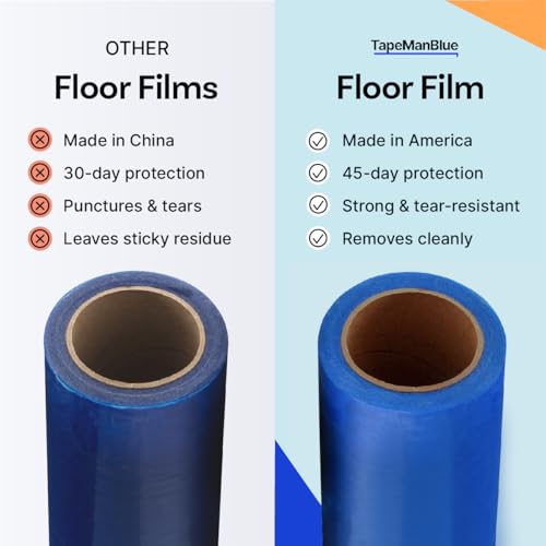 Floor Protection Film, 36" x 200', Made in USA, Blue Self Adhesive Floor Protector Tape for Moving, Painting and Construction, Temporary Floor Covering to Shield Hardwood Floors, Tile, Hard Surfaces