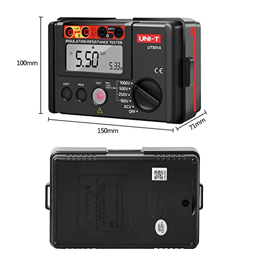 Insulation Resistance Tester, Ohm Meter, 100V/250V/500V/1000V Voltmeter 0 to 5G ohm Meter Megohmmeter, Ground Resistance Tester 2000 Counts LCD Display with Backlight (UT501A)