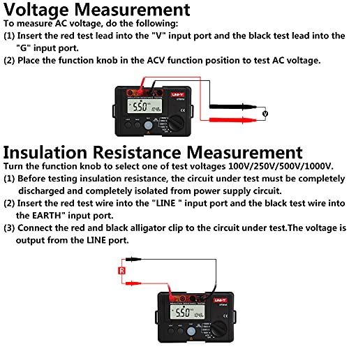 Insulation Resistance Tester, Ohm Meter, 100V/250V/500V/1000V Voltmeter 0 to 5G ohm Meter Megohmmeter, Ground Resistance Tester 2000 Counts LCD Display with Backlight (UT501A)