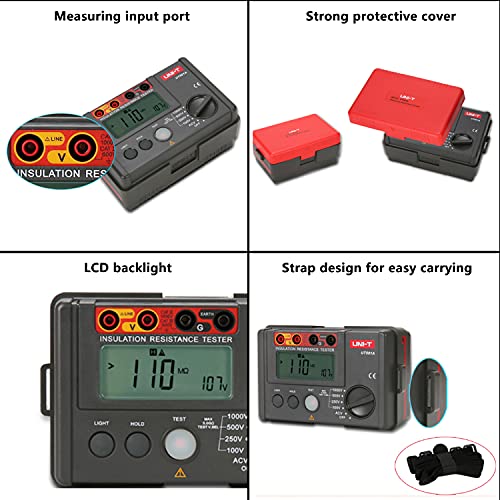 Insulation Resistance Tester, Ohm Meter, 100V/250V/500V/1000V Voltmeter 0 to 5G ohm Meter Megohmmeter, Ground Resistance Tester 2000 Counts LCD Display with Backlight (UT501A)