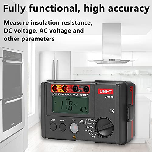 Insulation Resistance Tester, Ohm Meter, 100V/250V/500V/1000V Voltmeter 0 to 5G ohm Meter Megohmmeter, Ground Resistance Tester 2000 Counts LCD Display with Backlight (UT501A)