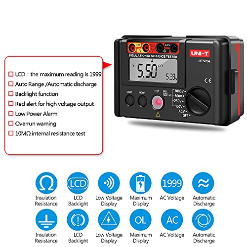 Insulation Resistance Tester, Ohm Meter, 100V/250V/500V/1000V Voltmeter 0 to 5G ohm Meter Megohmmeter, Ground Resistance Tester 2000 Counts LCD Display with Backlight (UT501A)