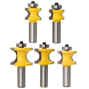 yakamoz 5pcs 1/2 inch shank half round bearing bullnose router bit set carbide tipped round edge cutting bits | radius 1/8" 3/16" 1/4" 5/16" 3/8"