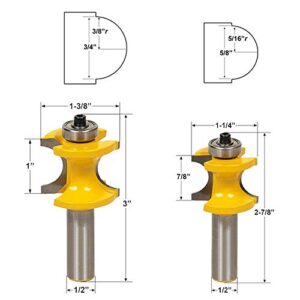 Yakamoz 5Pcs 1/2 Inch Shank Half Round Bearing Bullnose Router Bit Set Carbide Tipped Round Edge Cutting Bits | Radius 1/8" 3/16" 1/4" 5/16" 3/8"