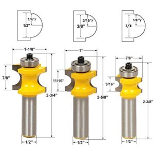 Yakamoz 5Pcs 1/2 Inch Shank Half Round Bearing Bullnose Router Bit Set Carbide Tipped Round Edge Cutting Bits | Radius 1/8" 3/16" 1/4" 5/16" 3/8"