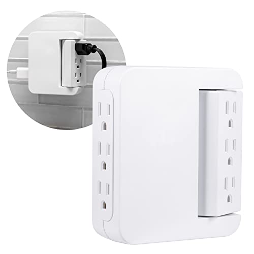 GE Pro Side-Access Swivel Surge Protector, 6-Outlet Extender, Wall Tap Adapter, Charging Station, 3-Prong, Automatic Shutdown Technology, 1200 Joules, UL Listed, White, 39226