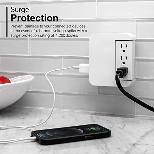 GE Pro Side-Access Swivel Surge Protector, 6-Outlet Extender, Wall Tap Adapter, Charging Station, 3-Prong, Automatic Shutdown Technology, 1200 Joules, UL Listed, White, 39226