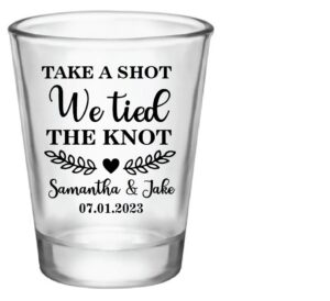 take a shot we tied the knot shot glasses, bulk set of 1.75oz wedding shot glasses, perfect wedding favor, wedding shot glasses, bridal party shot glasses