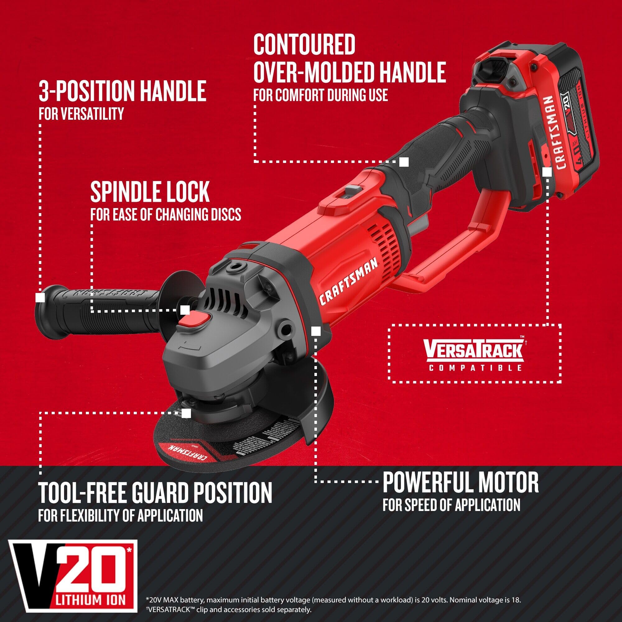 CRAFTSMAN V20 Cordless Angle Grinder Tool Kit, 4-1/2 inch, Battery and Charger Included (CMCG400M1)