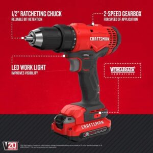 CRAFTSMAN V20 Cordless Drill/Driver Kit, 1/2 inch, Battery and Charger Included (CMCD701C2)