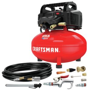 craftsman air compressor, 6 gallon, pancake, oil-free with 13 piece accessory kit (cmec6150k)