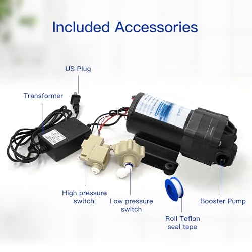 Geekpure Reverse Osmosis Booster Pump Kit with Transformer + High and Low Pressure Switches + Fittings for 50-150 GPD RO System