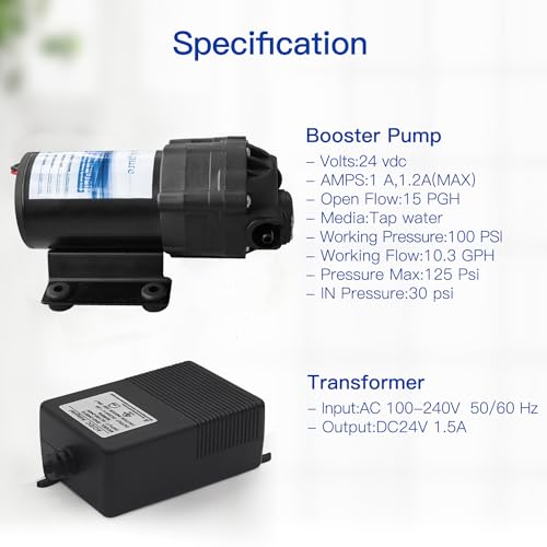 Geekpure Reverse Osmosis Booster Pump Kit with Transformer + High and Low Pressure Switches + Fittings for 50-150 GPD RO System