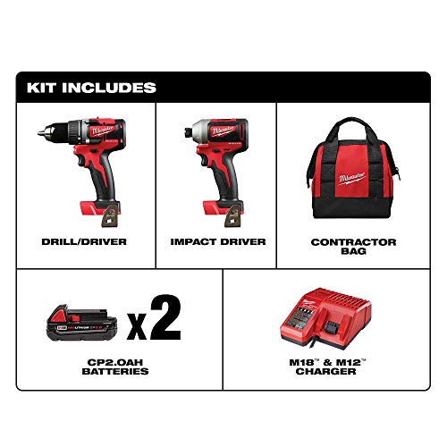 Milwaukee M18 18-Volt Lithium-Ion Brushless Cordless Compact Drill/Impact Combo Kit (2-Tool) W/ (2) 2.0Ah Batteries, Charger & Bag