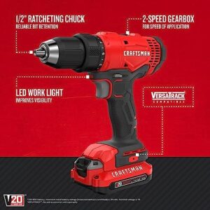 CRAFTSMAN V20 Cordless Drill/Driver Kit, 1/2 inch, Battery and Charger Included (CMCD710C2)