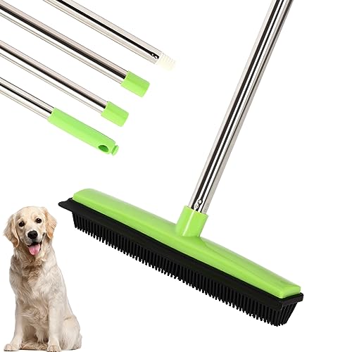 MEIBEI Pet Hair Removal Broom with Squeegee -53", Long Handle Soft Bristle Rubber Broom, Ideal for Remove Fur from Carpets, Rugs, Hardwood and Linoleum