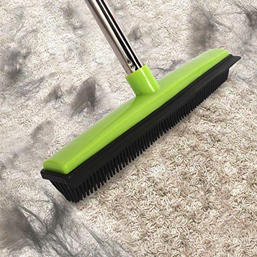 MEIBEI Pet Hair Removal Broom with Squeegee -53", Long Handle Soft Bristle Rubber Broom, Ideal for Remove Fur from Carpets, Rugs, Hardwood and Linoleum