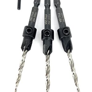 FTG USA Countersink Drill Bit Set 3 Pc #8 (11/64") Countersink Drill Bit with Tapered Drill Bits, Quick Change Hex Shank Countersink Bit, 1 Hex Wrench, Counter Sinker Drill Bit Set for Woodworking