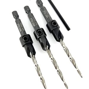 FTG USA Countersink Drill Bit Set 3 Pc #8 (11/64") Countersink Drill Bit with Tapered Drill Bits, Quick Change Hex Shank Countersink Bit, 1 Hex Wrench, Counter Sinker Drill Bit Set for Woodworking