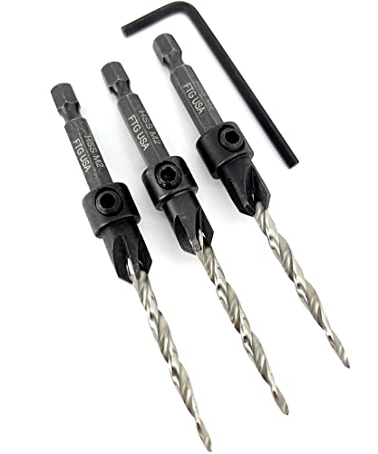 FTG USA Countersink Drill Bit Set 3 Pc #8 (11/64") Countersink Drill Bit with Tapered Drill Bits, Quick Change Hex Shank Countersink Bit, 1 Hex Wrench, Counter Sinker Drill Bit Set for Woodworking