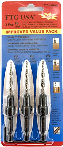 FTG USA Countersink Drill Bit Set 3 Pc #8 (11/64") Countersink Drill Bit with Tapered Drill Bits, Quick Change Hex Shank Countersink Bit, 1 Hex Wrench, Counter Sinker Drill Bit Set for Woodworking