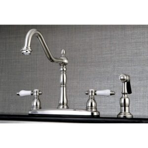 kingston brass vintage porcelain 8-inch centerset kitchen faucet with side sprayer satin nickel satin